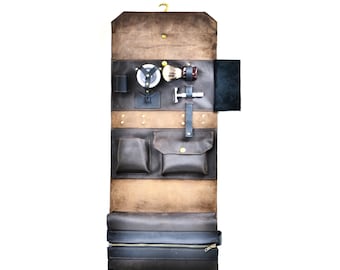 Leather Toiletry Roll Men's Leather Shaving Kit Wet | Etsy