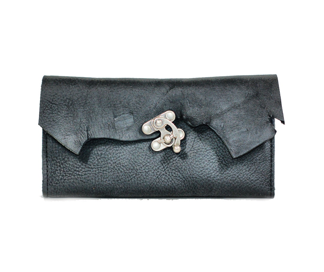 Womens Leather Wallet - Black Wallet With Rustic Raw Edge Distressed ...