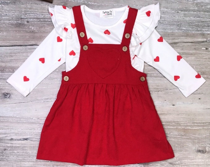 My Whole Heart Red Ruffle Corduroy Girls Jumper Dress Set, Toddler ...