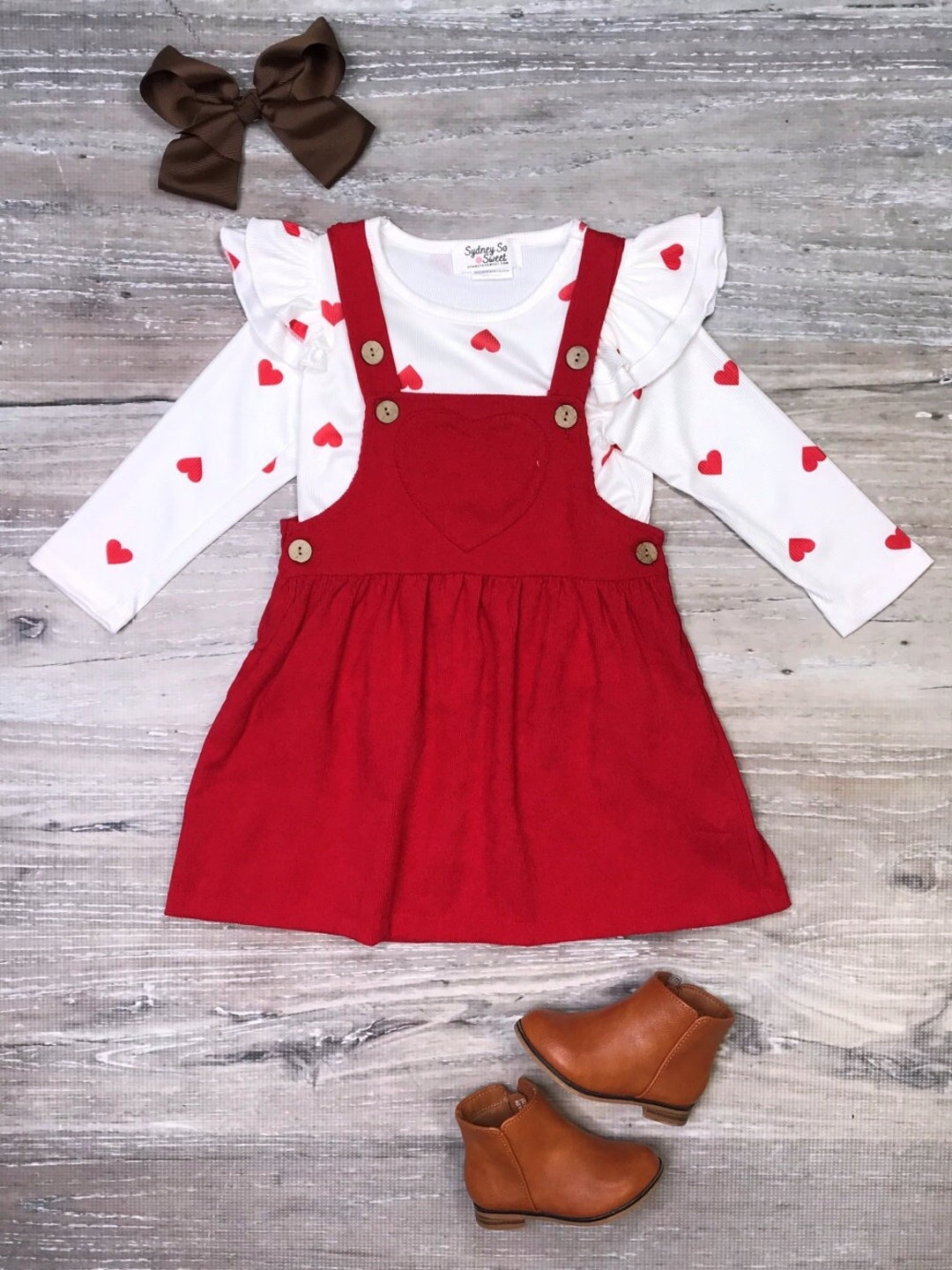 My Whole Heart Red Ruffle Corduroy Girls Jumper Dress Set, Toddler ...