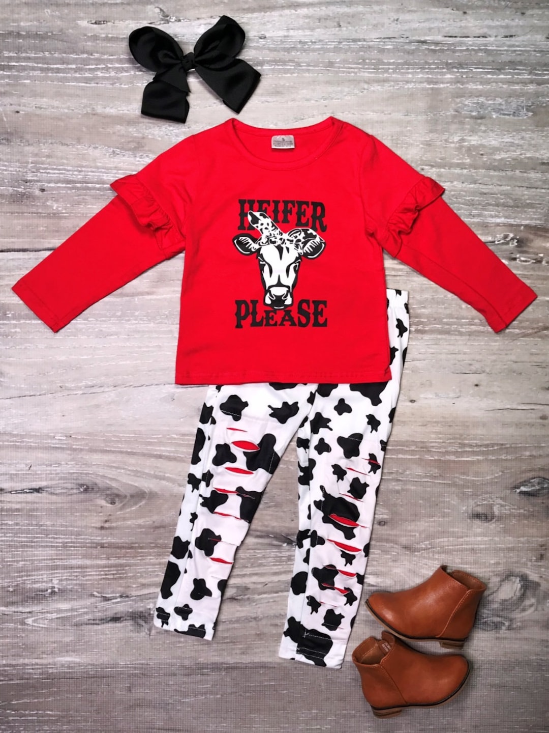 Heifer Please Red Cow Print Ruffle Girls Outfit, Toddler, Girl's Fall ...