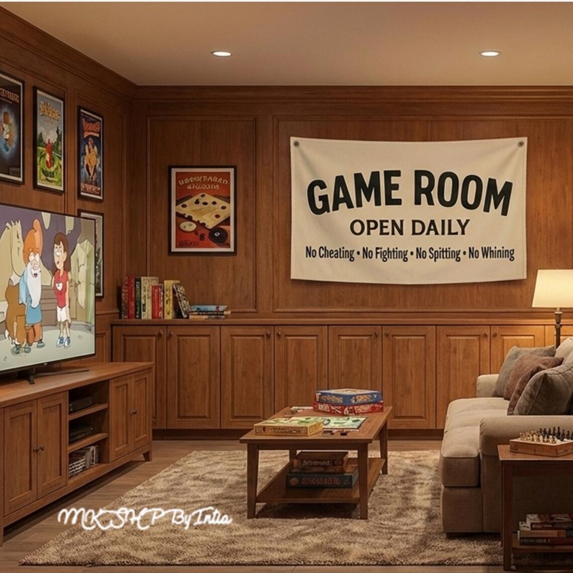 Game Room Banner Canvas, Funny Family Rules Fabric Wall Hanging ...