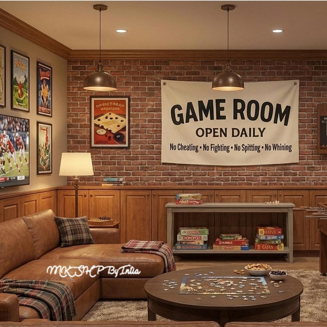 Game Room Banner Canvas, Funny Family Rules Fabric Wall Hanging ...