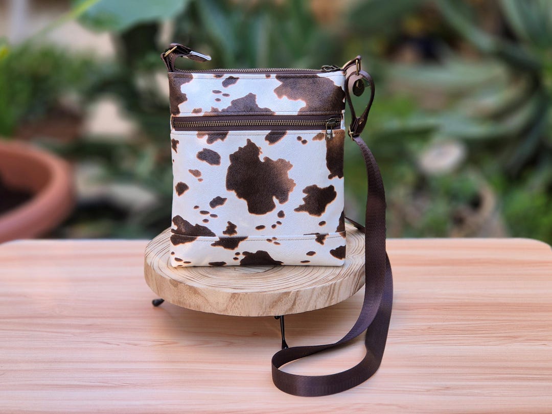 Vegan Faux Leather Cow Print Small Crossbody Bag, Multi Pocket ...