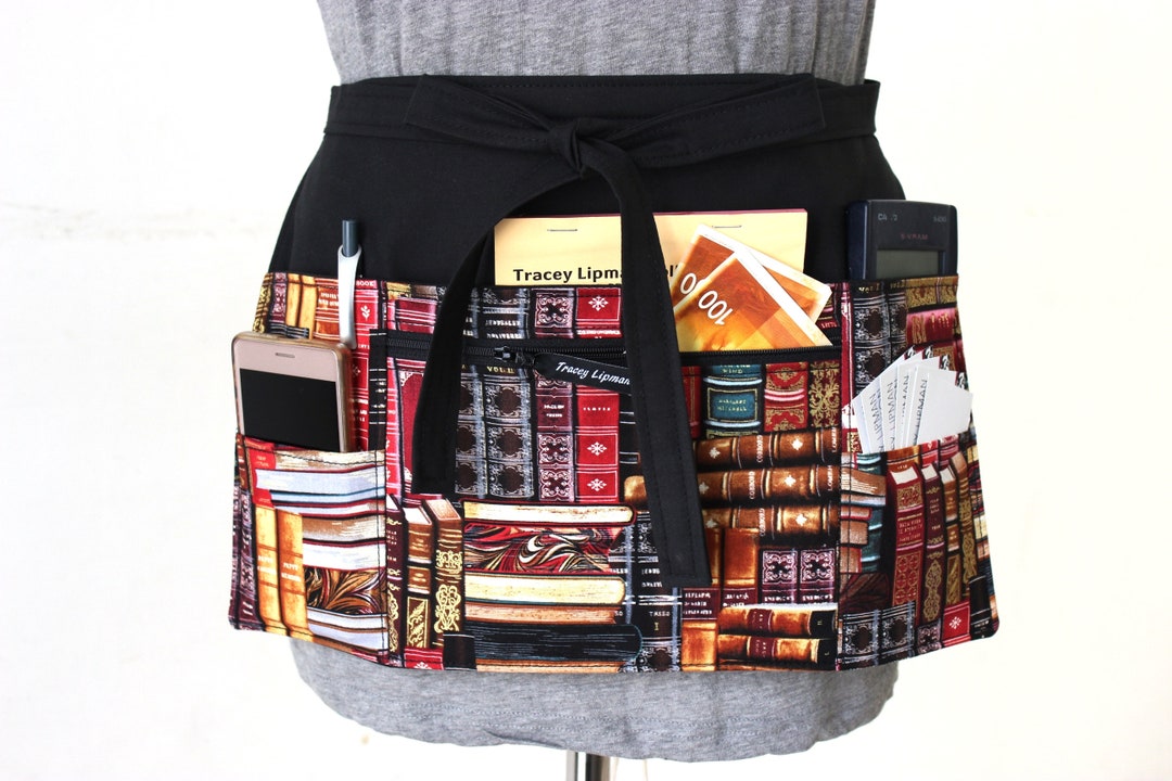 Pocket Apron Gift for Book Lover, Book Print Teacher Apron With Pockets ...