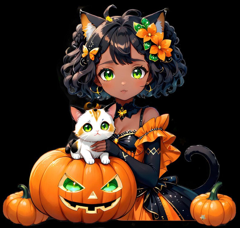PNG Kawaii Halloween Chibi Cat Girl Fairy Witch Jack-o'lantern Pumpkin ...
