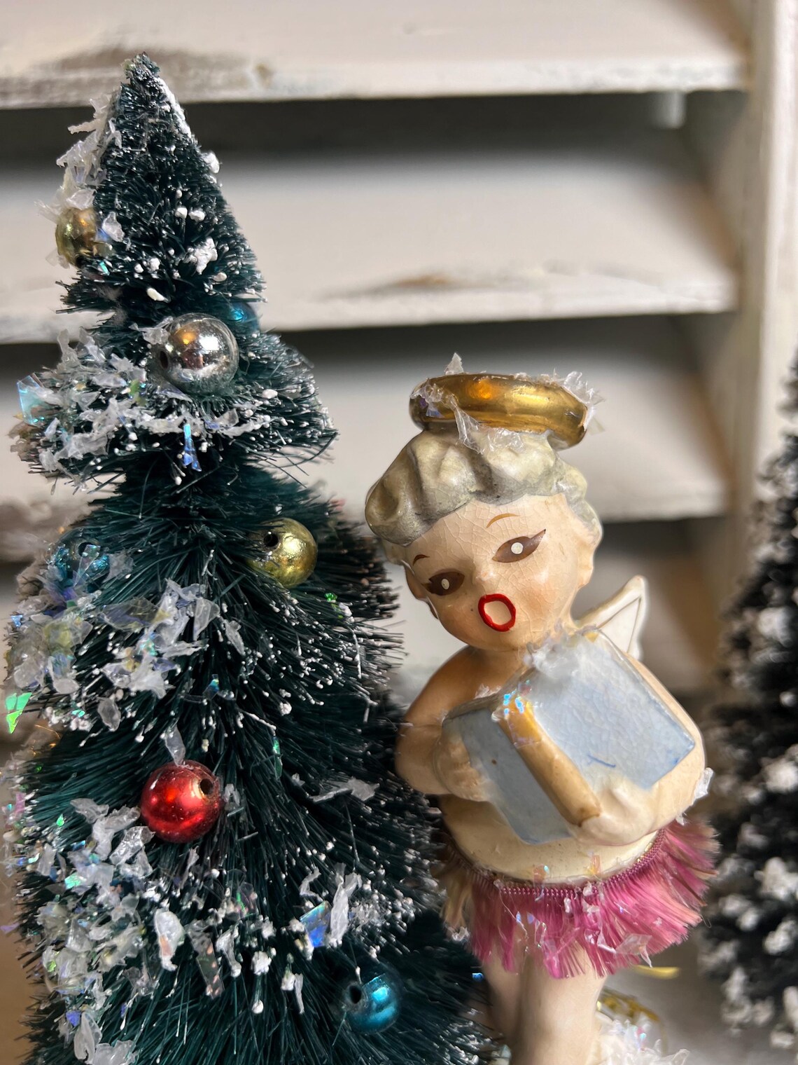 Vintage Christmas Assemblage Kitsch Angel Snow Bottle Brush Tree ...