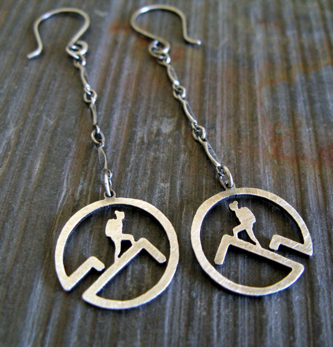 Hiking Earrings Girl With Backpack and Bun Climbing Mountain Sterling ...