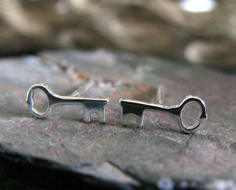 Tiny Skeleton Key Stud Earrings Handmade in Sterling Silver or | Etsy