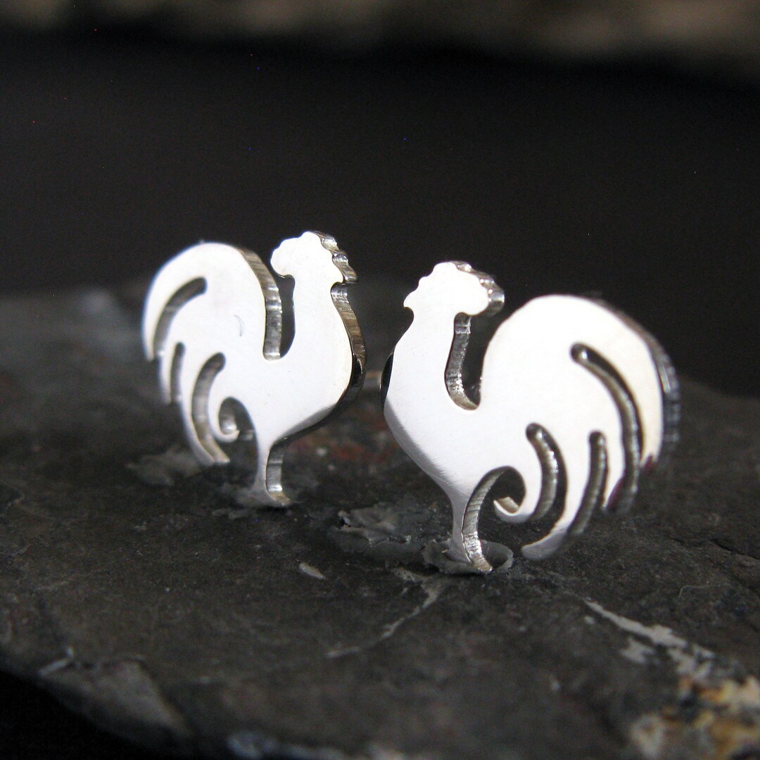 Rooster Chicken Bird Stud Earrings Handmade in Sterling Silver or 14k ...