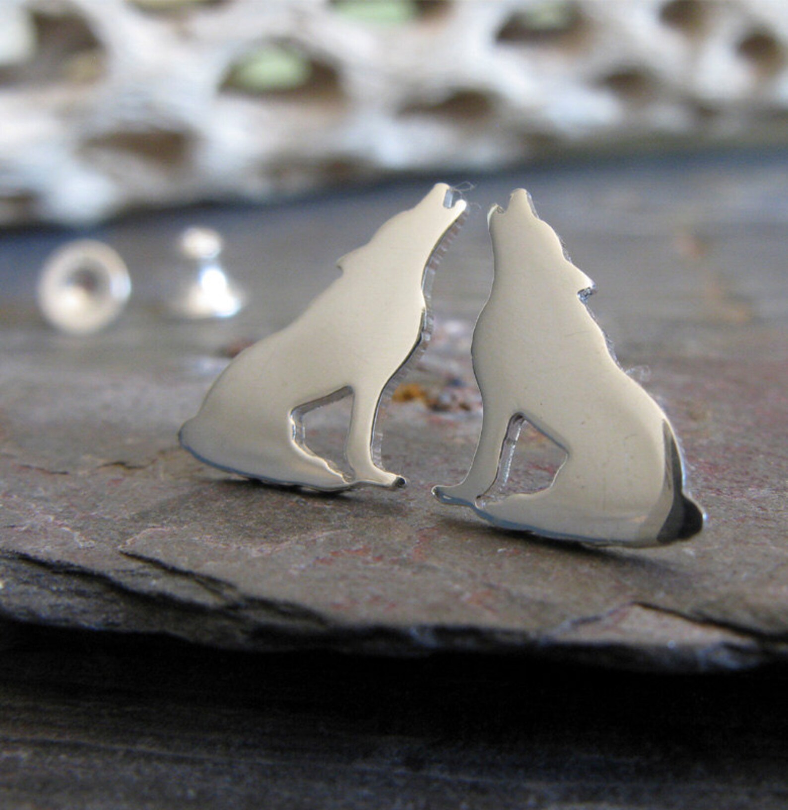 Howling Wolf Stud Earrings Handmade in Sterling Silver or 14k Gold - Etsy