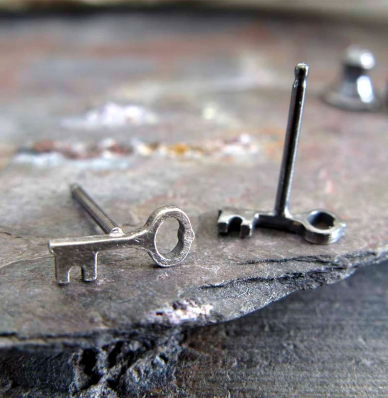 Tiny Skeleton Key Stud Earrings Handmade in Sterling Silver or | Etsy