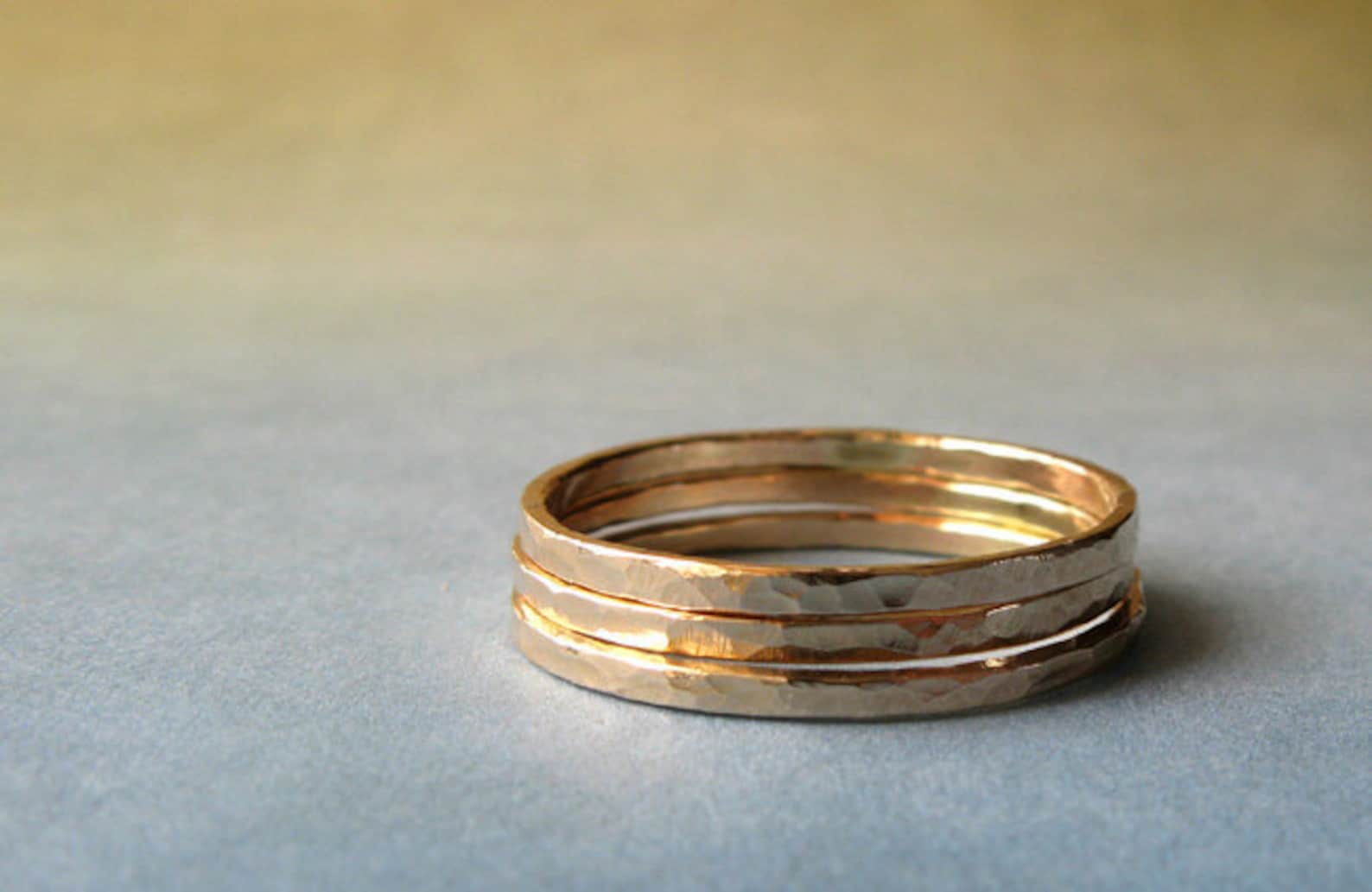 Solid 14k Gold Thin Hammered Stacking Rings. Minimalist Set of - Etsy