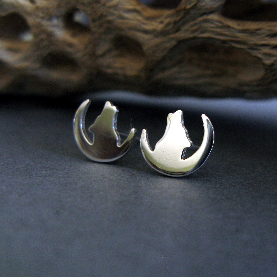 Sterling Silver Wolf Moon Stud Earrings: Handmade Silhouette Jewelry - Etsy