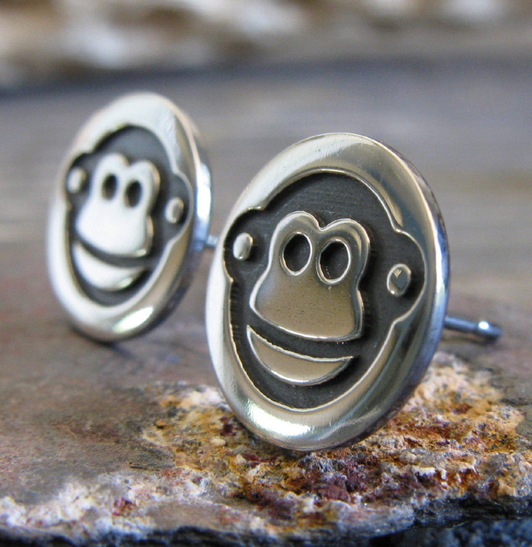 Monkey Chimp Face Stud Earrings Handmade in Sterling Silver - Etsy
