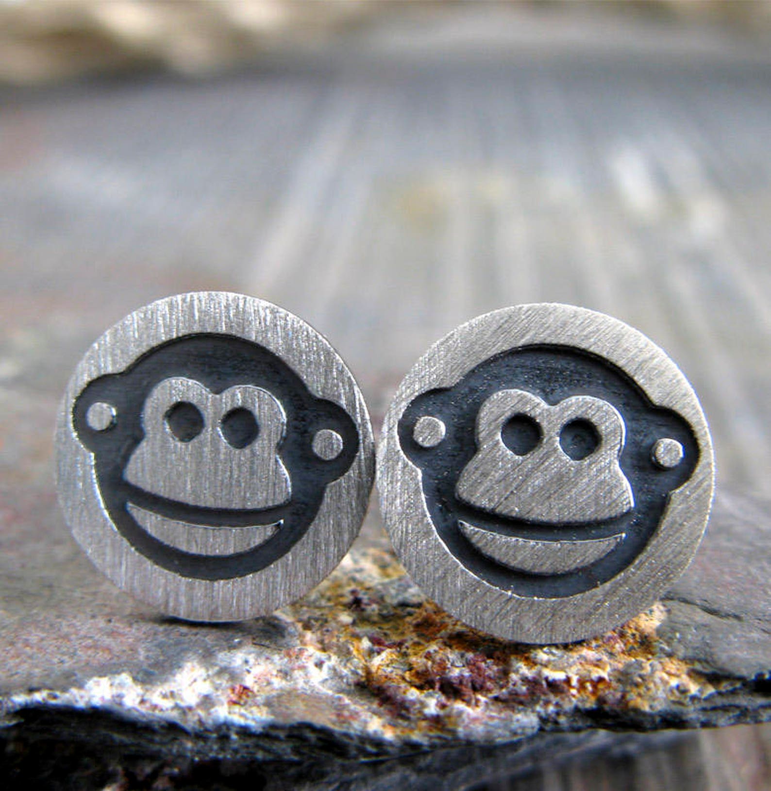 Monkey Chimp Face Stud Earrings Handmade in Sterling Silver - Etsy