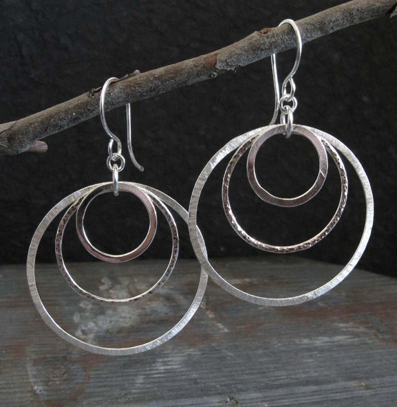 3 Circles Tier Dangle Hoop Earrings Artisan Handmade in Sterling Silver ...
