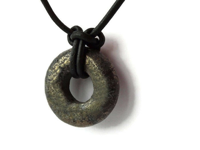 Stone Circle Necklace - Adjustable - Golden Pyrite - Choice of Leather ...