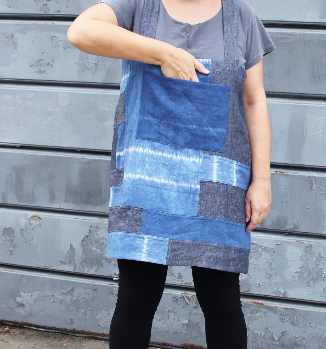 Patchwork Shibori Linen Crossback Apron With Pocket - Etsy