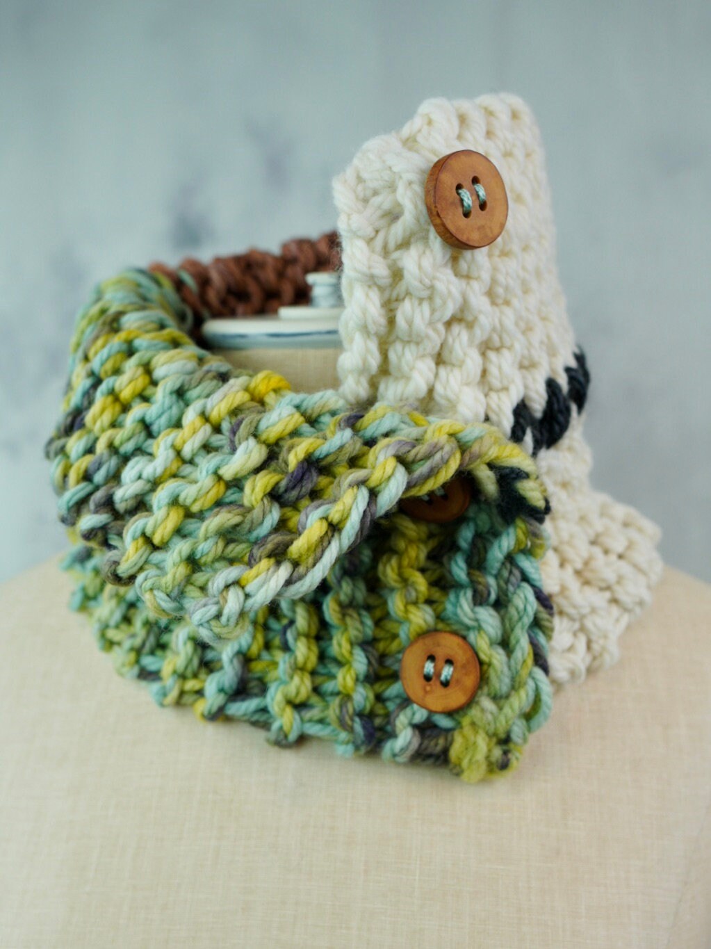 Watercress Color Block Button Cowl Merino Wool and Tree Branch Buttons ...