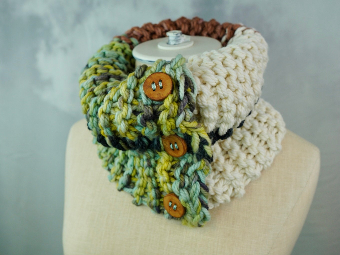 Watercress Color Block Button Cowl - Merino Wool and Tree Branch ...