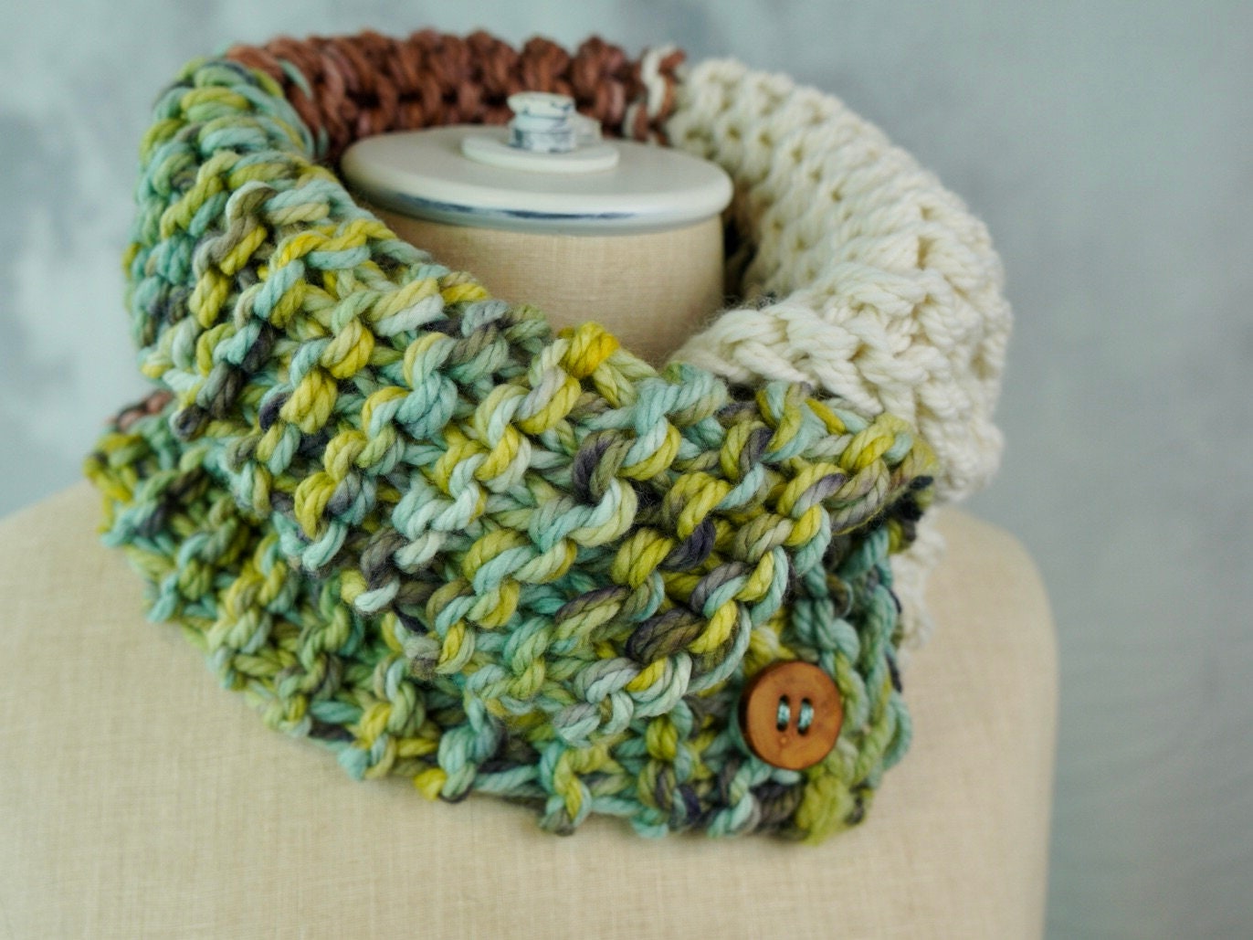 Watercress Color Block Button Cowl - Merino Wool and Tree Branch ...