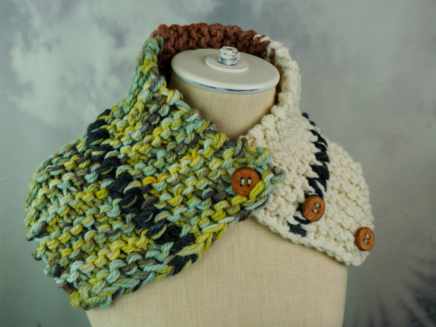 Watercress Color Block Button Cowl - Merino Wool and Tree Branch ...