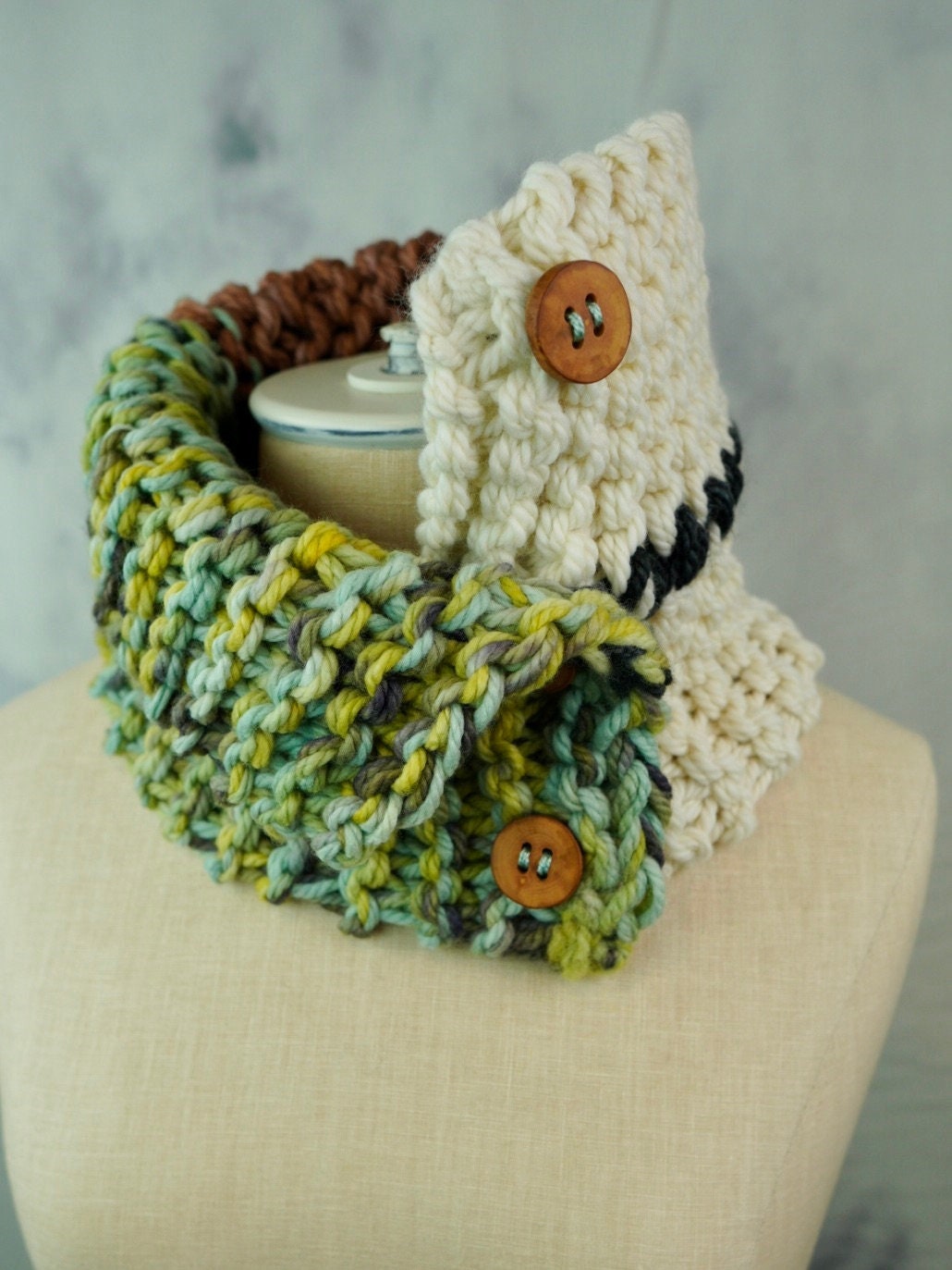 Watercress Color Block Button Cowl - Merino Wool and Tree Branch ...