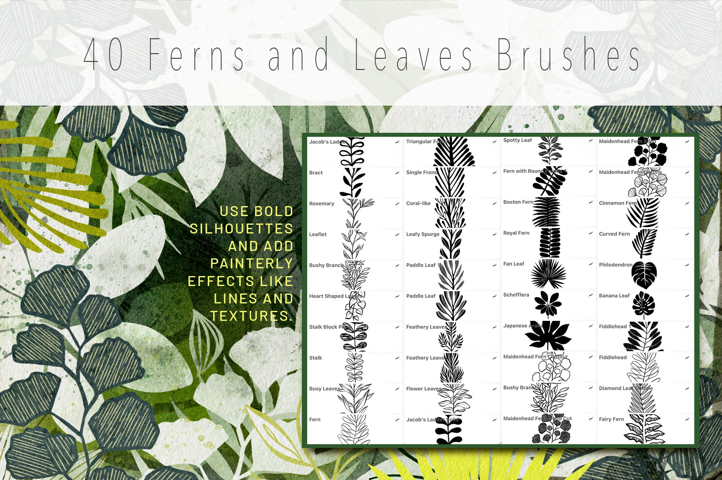 Volume 39 – Ferns & Plants Line Art Procreate Watercolor Brushes and ...