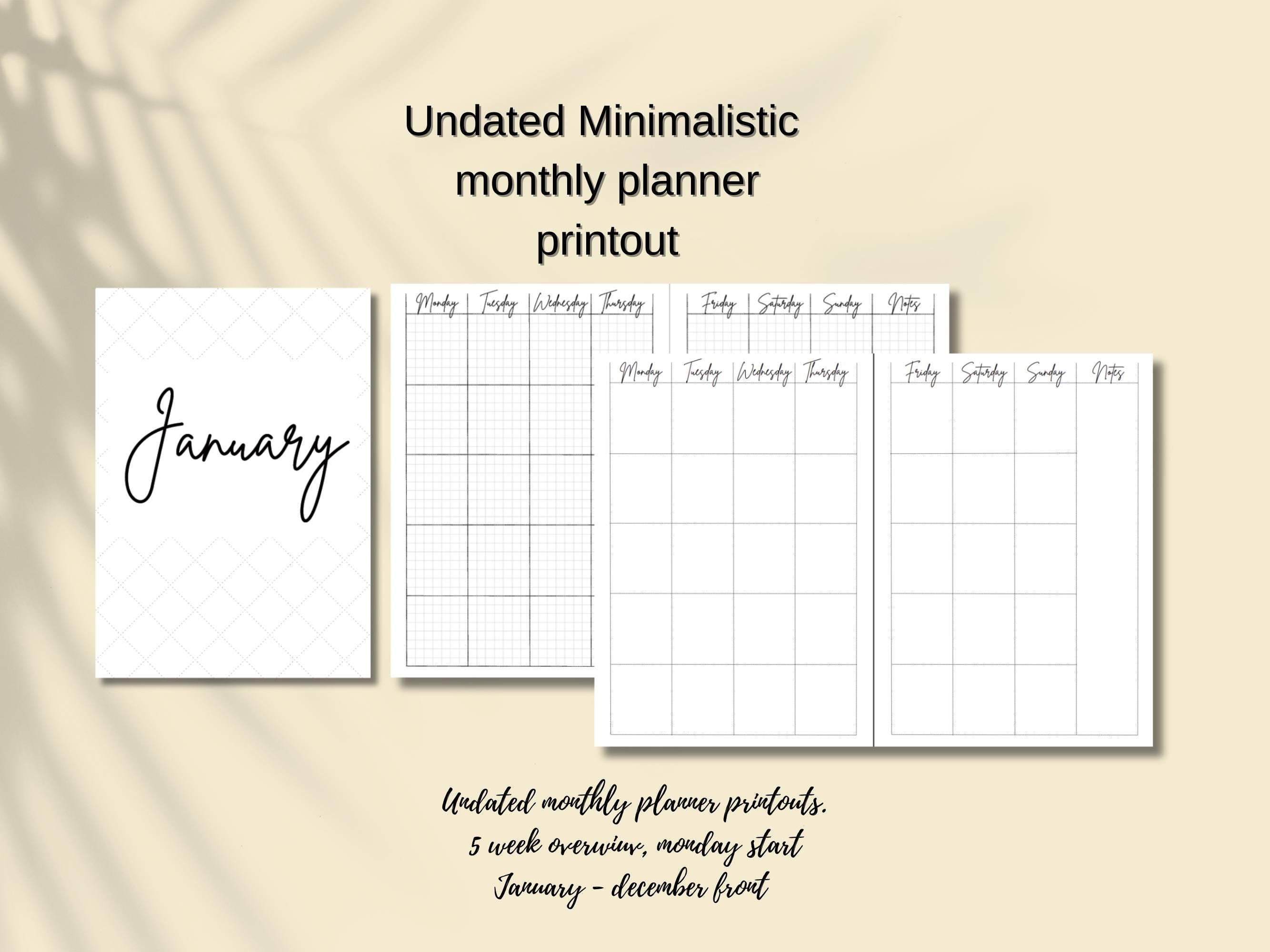 Printable PDF Undated Minimalistic Monthly Planner, Monday Start ...