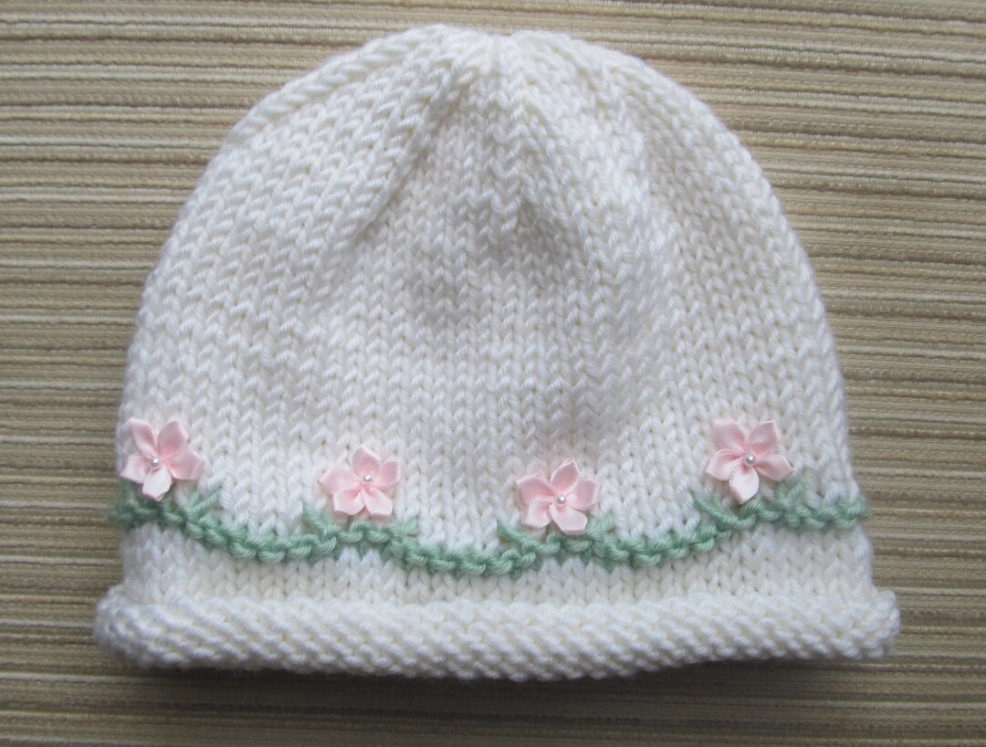 Knitting Pattern #110 White Hat With Pink Flowers for a Girl in Sizes 6 ...