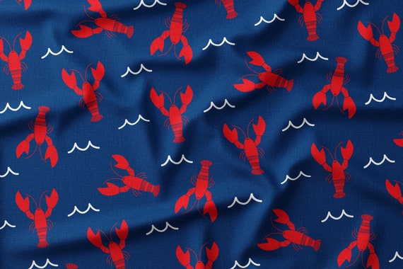 Lobster on Navy Blue Fabric - Scattered Lobster Fabric - Coastal Fabric ...