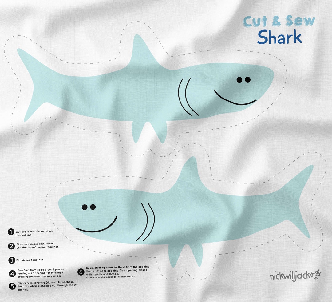Shark Cut and Sew Panel, Shark Fabric Panel, Nursery Cushion, Shark ...
