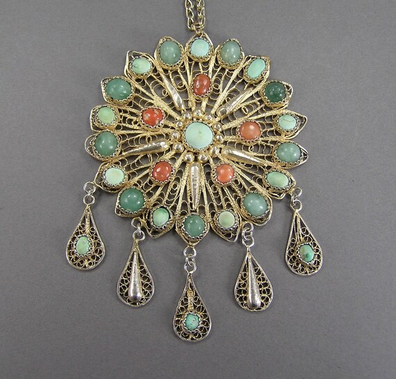 Vintage Gilt Filigree Flower Medallion Pendant, Coral… - Gem