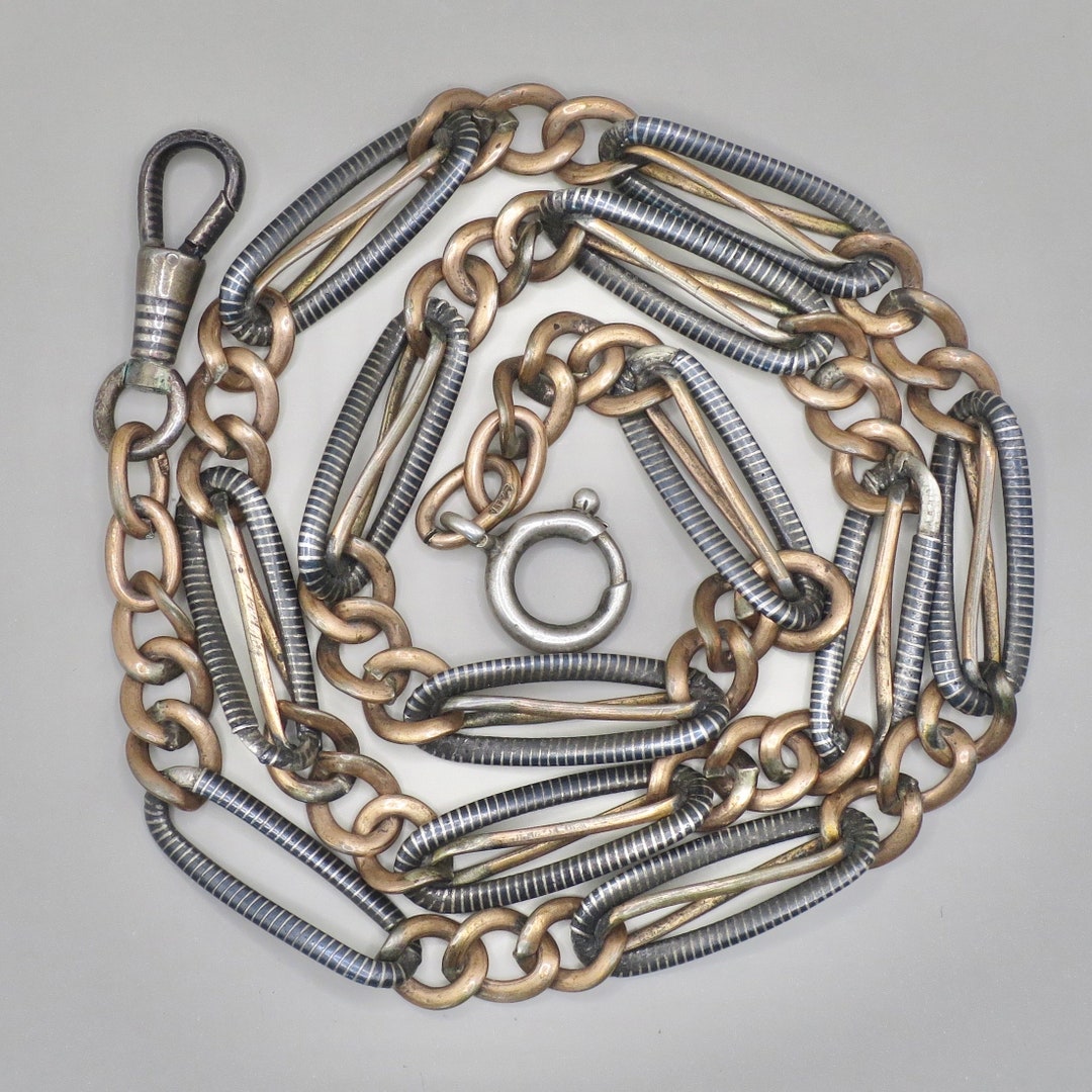 Antique Victorian Niello Silver & 9ct Rose Gold Vermeil Chain Necklace ...