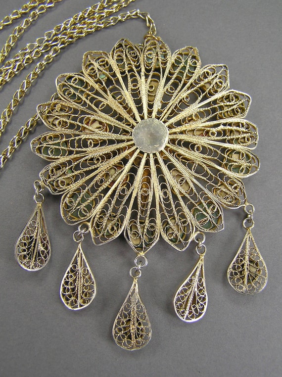Vintage Gilt Filigree Flower Medallion Pendant, Coral… - Gem