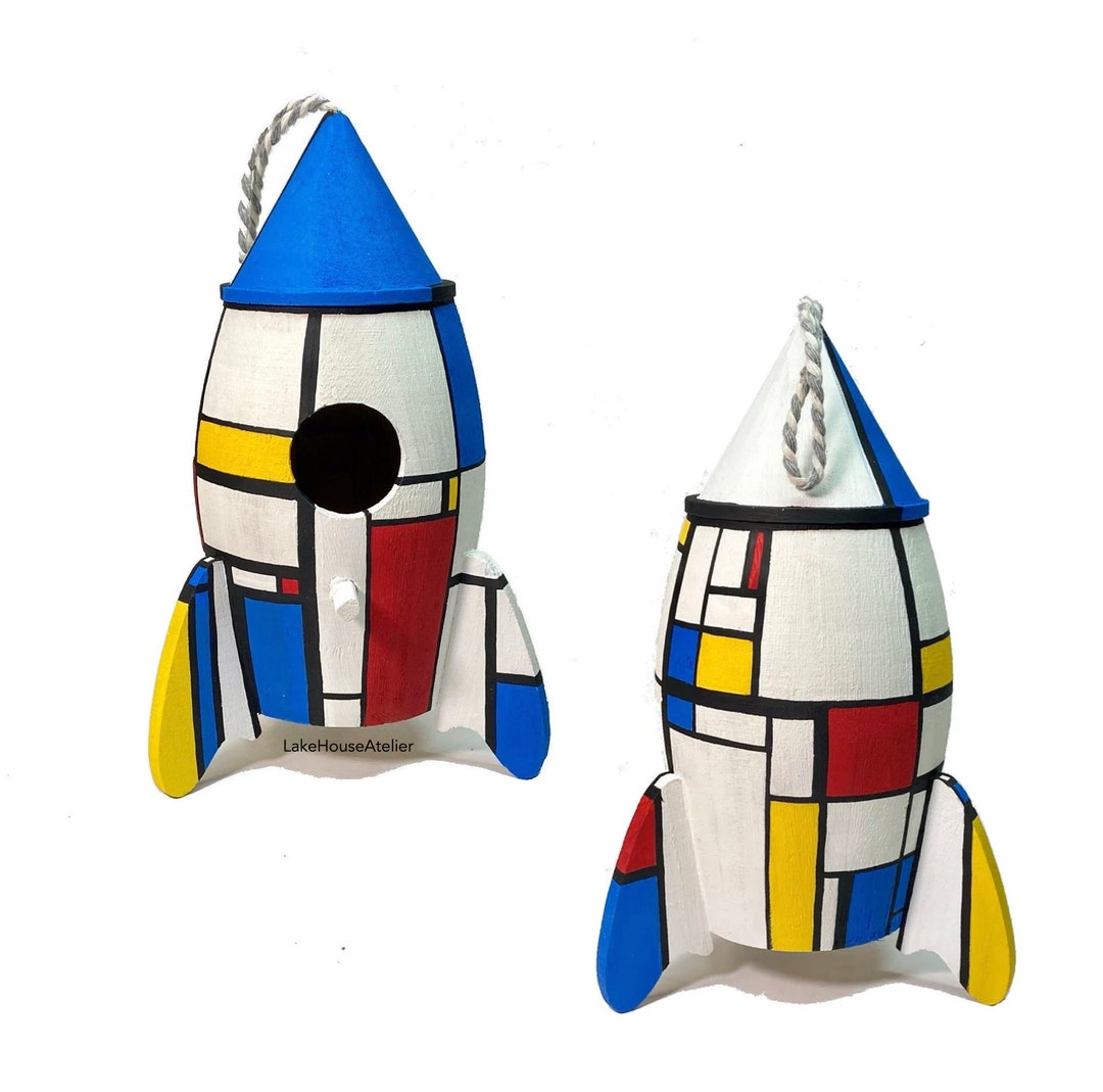 OOAK Rocket Ship Birdhouse Handmade. Piet Mondrian Style Birdhouse ...