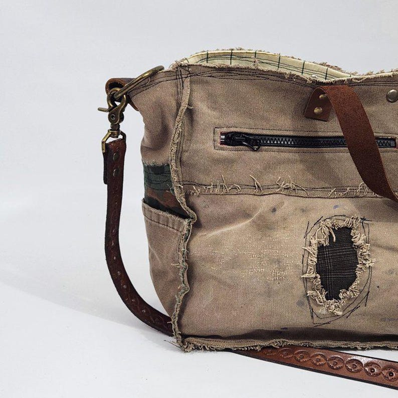 Oversized Weekender Tote Upcycled Distressed Brown Denim Jeans Extra Large Slouchy Bohemian Bag ...