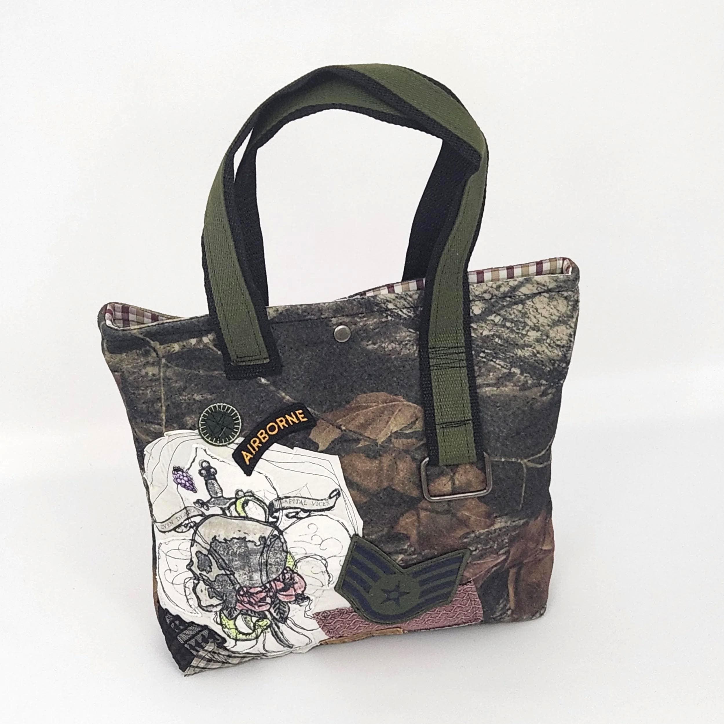 Upcycled Camouflage Shoulder Bag, Skull Sword Roses, Patchwork Handbag ...