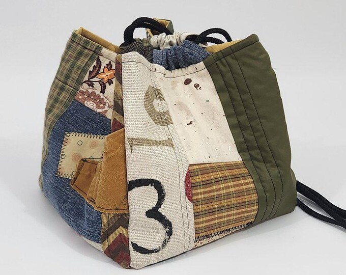 Upcycled Drawstring Bag Japanese Rice Bag Boxy Style Handbag Patchwork ...