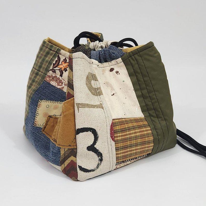 Upcycled Drawstring Bag Japanese Rice Bag Boxy Style Handbag Patchwork Scrap Fabric Handmade Bag ...