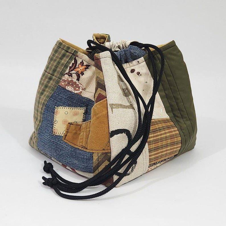 Upcycled Drawstring Bag Japanese Rice Bag Boxy Style Handbag Patchwork ...