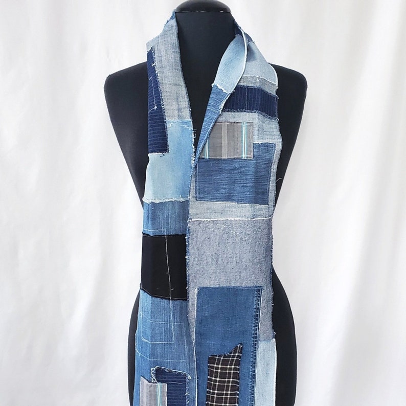 Upcycled Denim Scarf Patch Style Fashion Scarf One of A Kind Gift ...