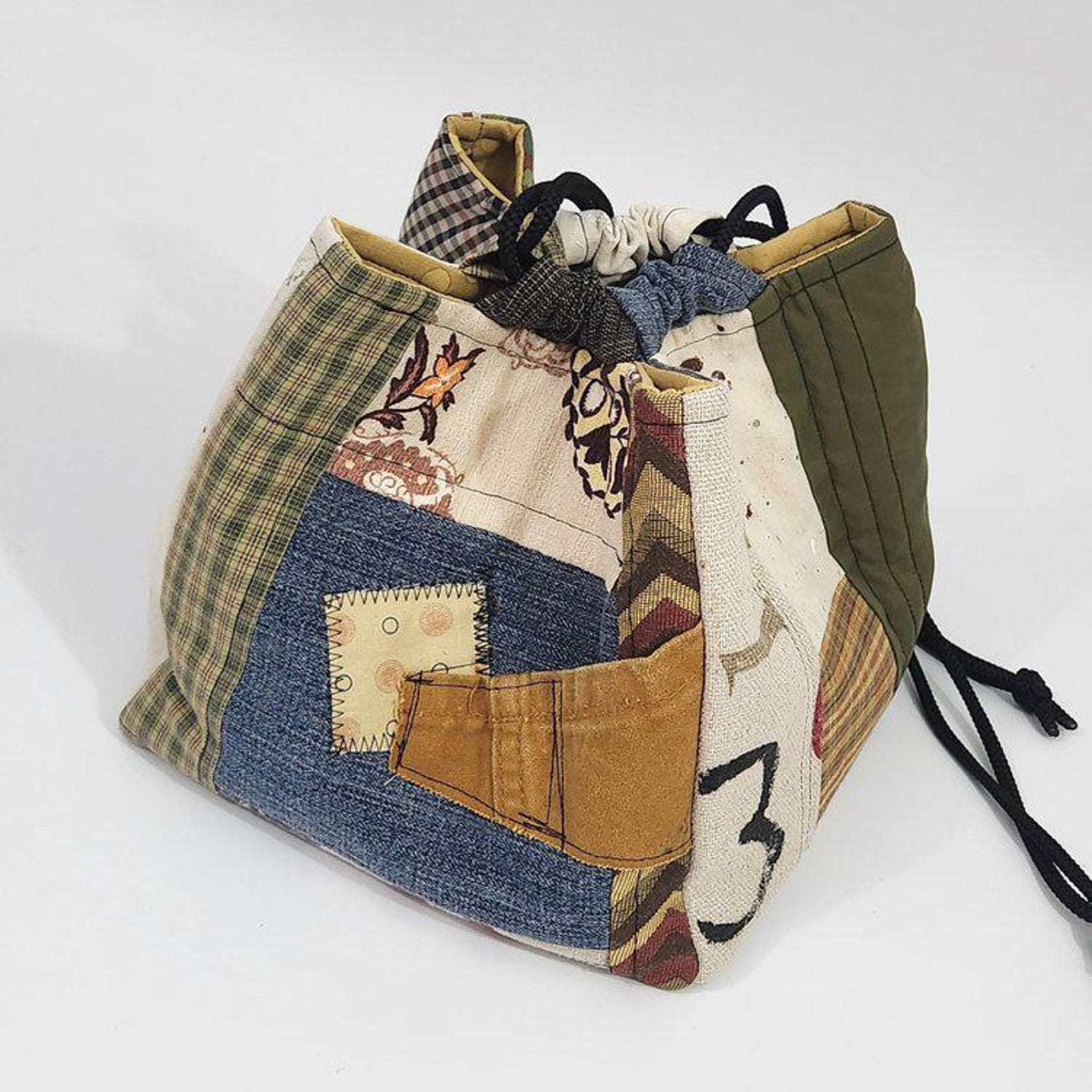 Upcycled Drawstring Bag Japanese Rice Bag Boxy Style Handbag Patchwork ...