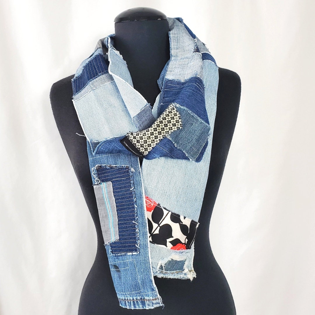 Upcycled Denim Scarf Patch Style Fashion Scarf One of A Kind Gift ...