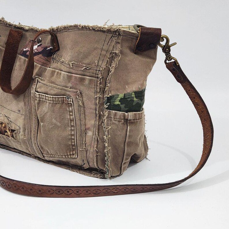 Oversized Weekender Tote Upcycled Distressed Brown Denim Jeans Extra Large Slouchy Bohemian Bag ...