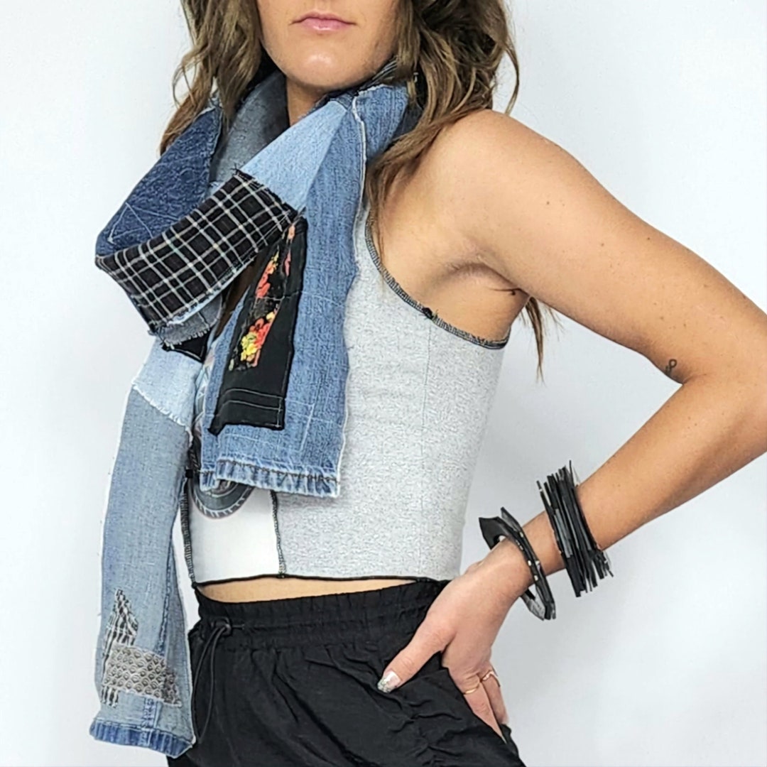 Upcycled Denim Scarf Patch Style Fashion Scarf One of A Kind Gift ...