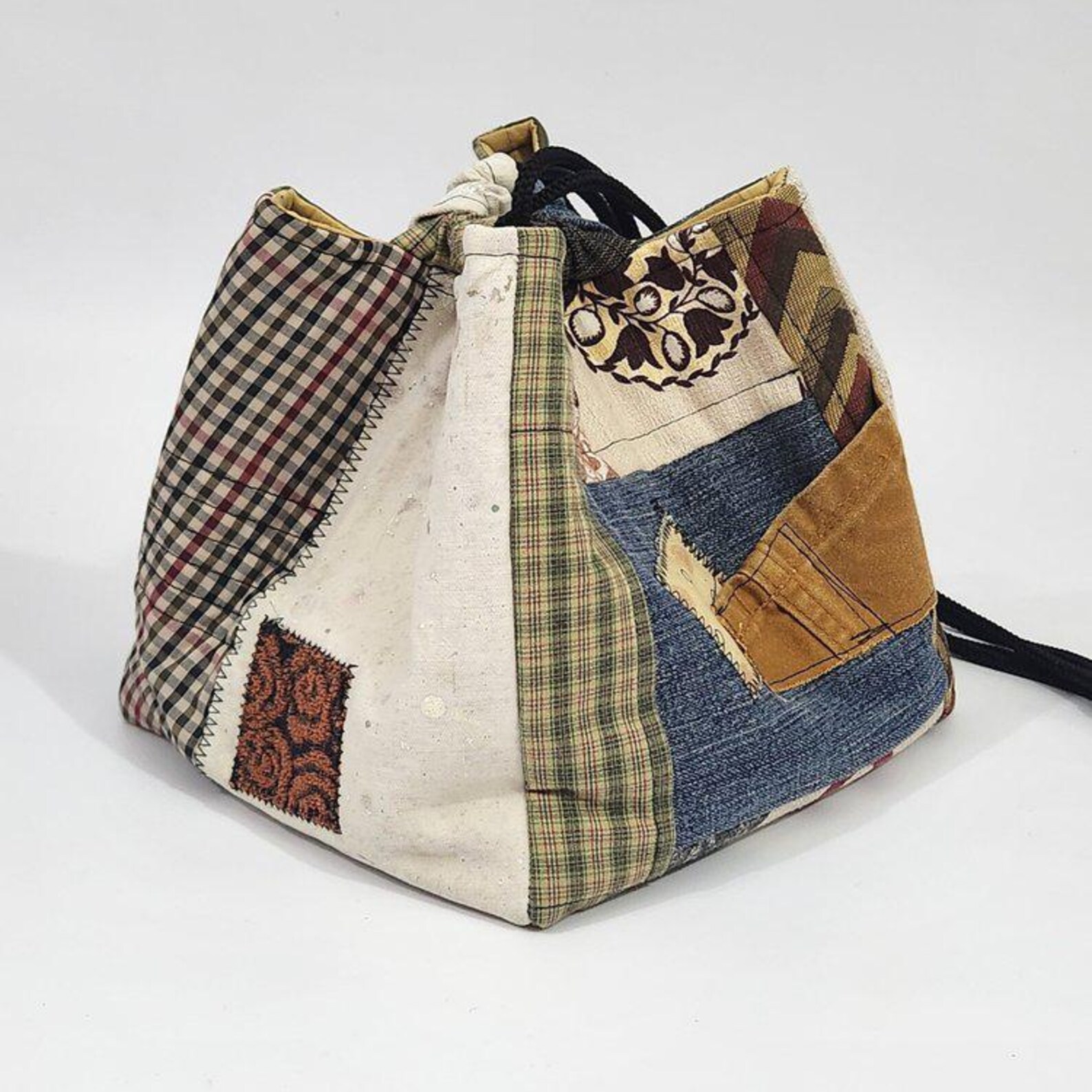 Upcycled Drawstring Bag Japanese Rice Bag Boxy Style Handbag Patchwork ...