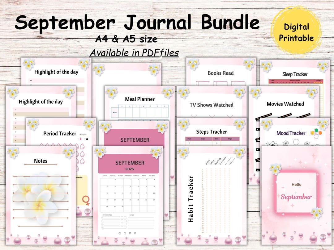 Pink Floral September Journal Printable Bundle: Elegant Digital Planner ...