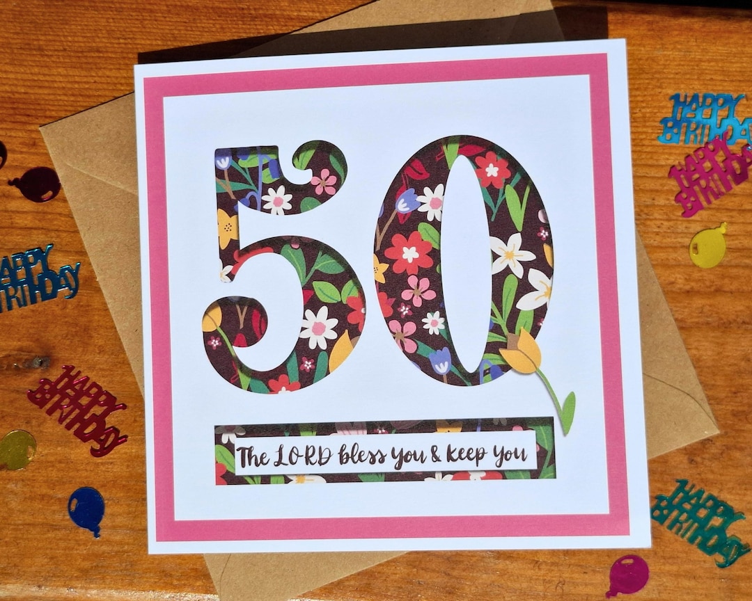 Christian 50th Birthday Card: Hand-painted Floral Design With Bible ...